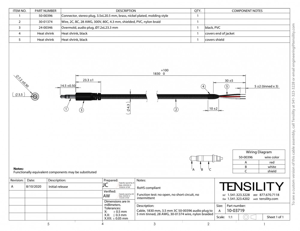 Tensility International 10-03719 cable assembly drawing