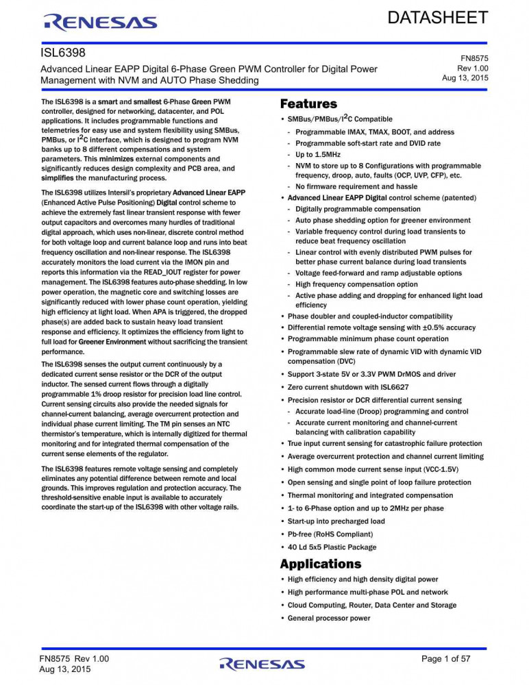 ISL6398 technical document page 1