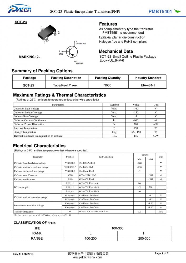 PMBT5401 datasheet page 1