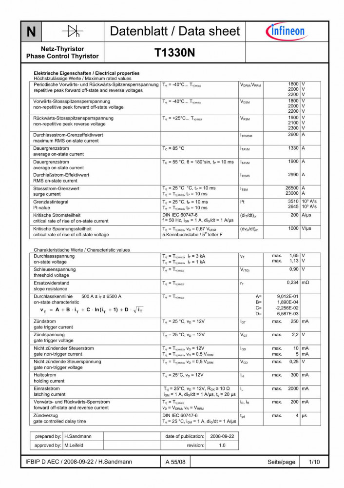Infineon T1330N datasheet page 1