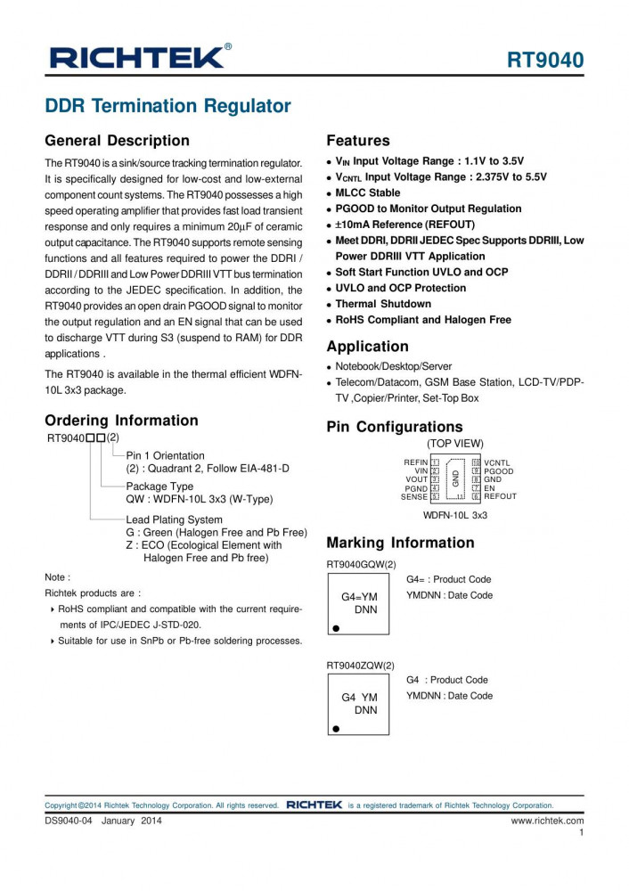RT9040GQW datasheet page 1