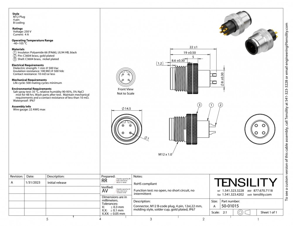 Tensility International 50-01015 M12 B-coded four-pin plug product drawing