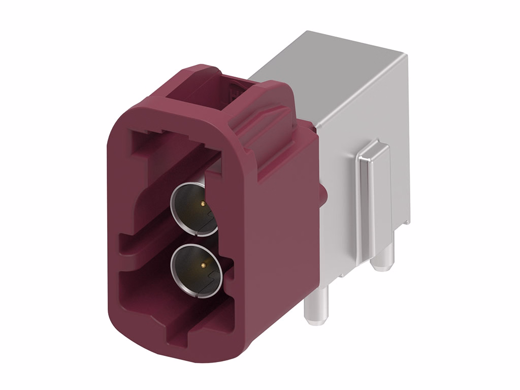 High-Speed FAKRA Mini (HFM) Dual-Stack Header, 2x1, Right-Angle, Through Hole, Key D, Claret Violet, 50 Ohms for sale