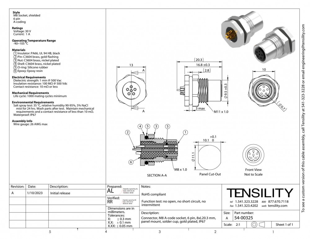 Tensility International 54-00325 M8 A-coded six-pin panel-mount socket product drawing