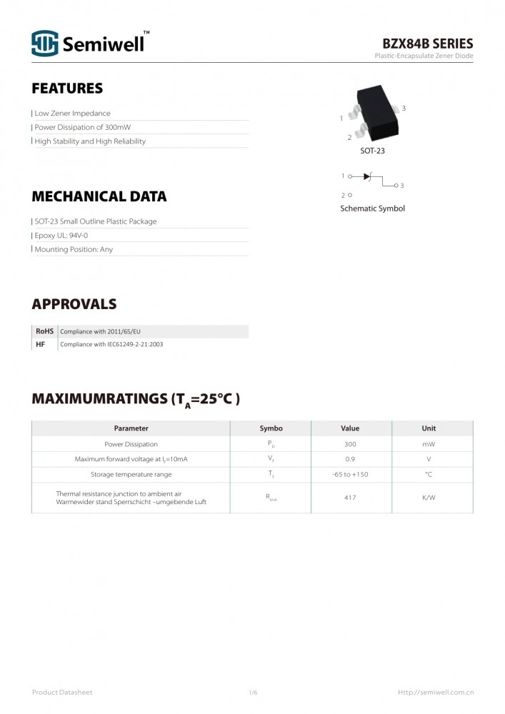 Semiwell BZX84B series datasheet page 1