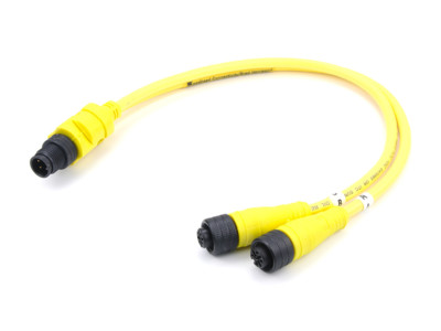 M12 Signal, A-Coded, M12 Push-Pull Ultra-Lock to M12 In-Line Splitter, 1 x 4 Poles Male (Straight) to 2 x 3 Poles Female (90°), 0.34mm² (22 AWG), Black PVC Cable, 0.30m (0.99') Length