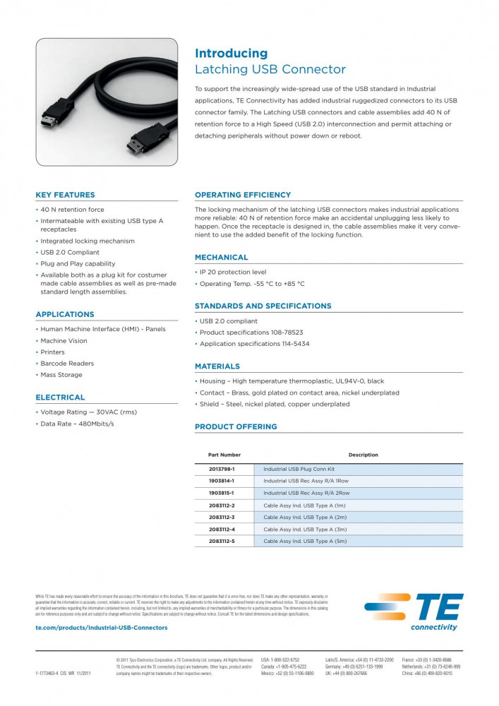 TE Connectivity industrial USB connector document page 1