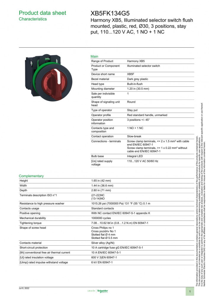 XB5FK134G5 technical document page 1