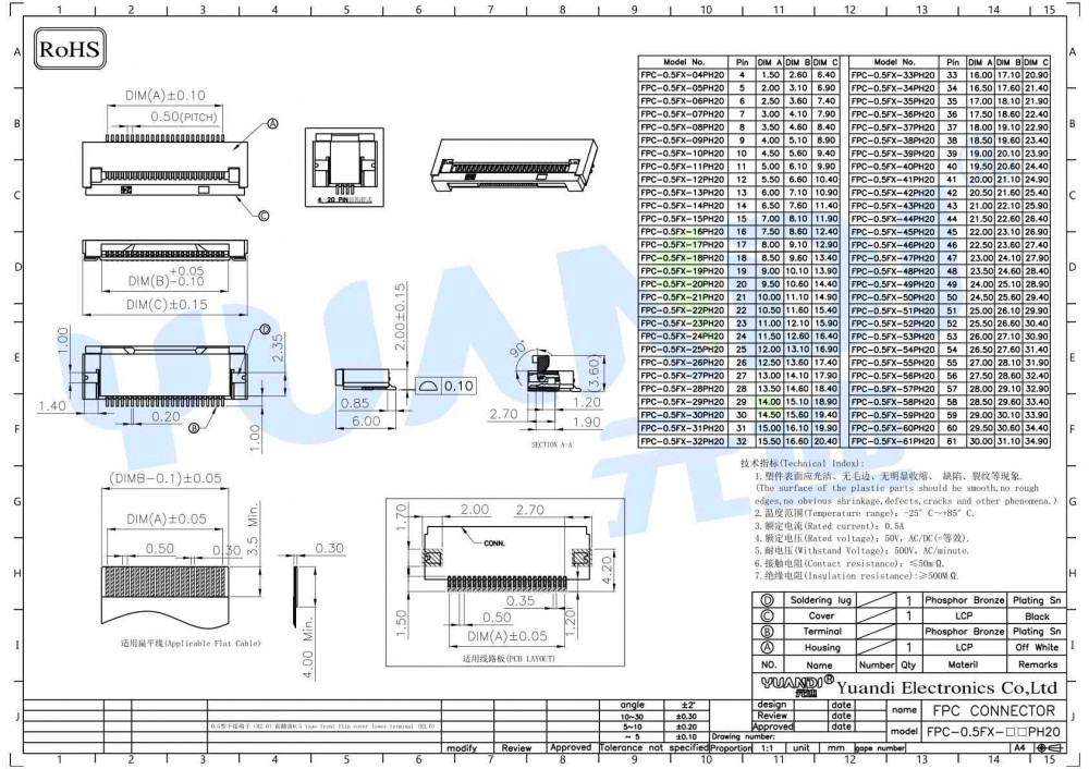 YUANDI FPC-0.5FX-27PH20 technical drawing