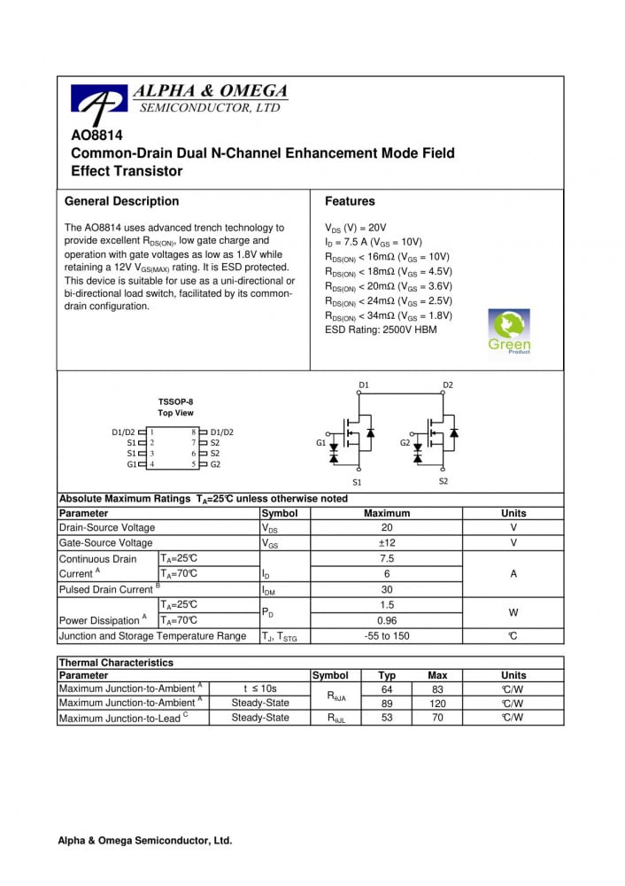 AO8814 datasheet page 1