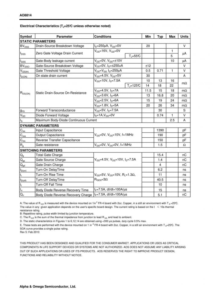 AO8814 datasheet page 2
