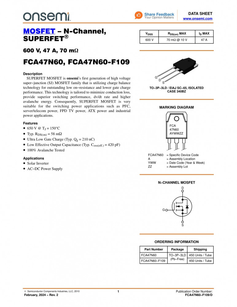 FCA47N60 datasheet page 1