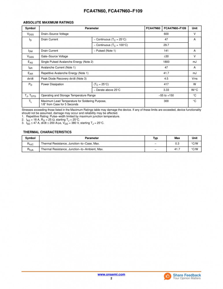 FCA47N60 datasheet page 2