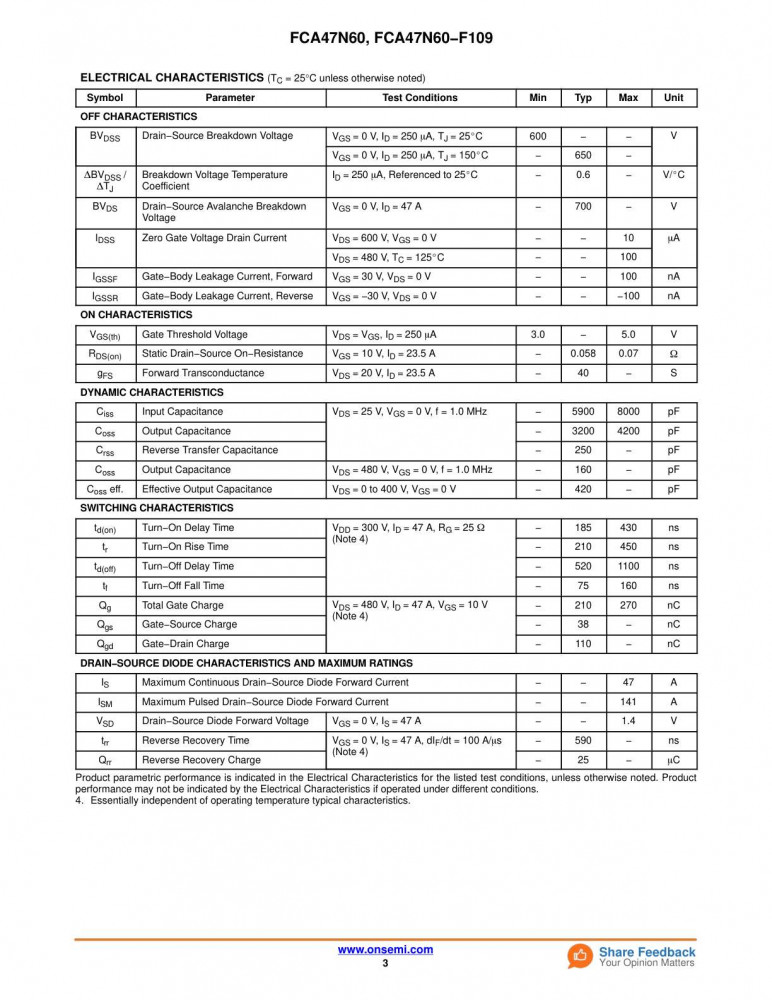 FCA47N60 datasheet page 3