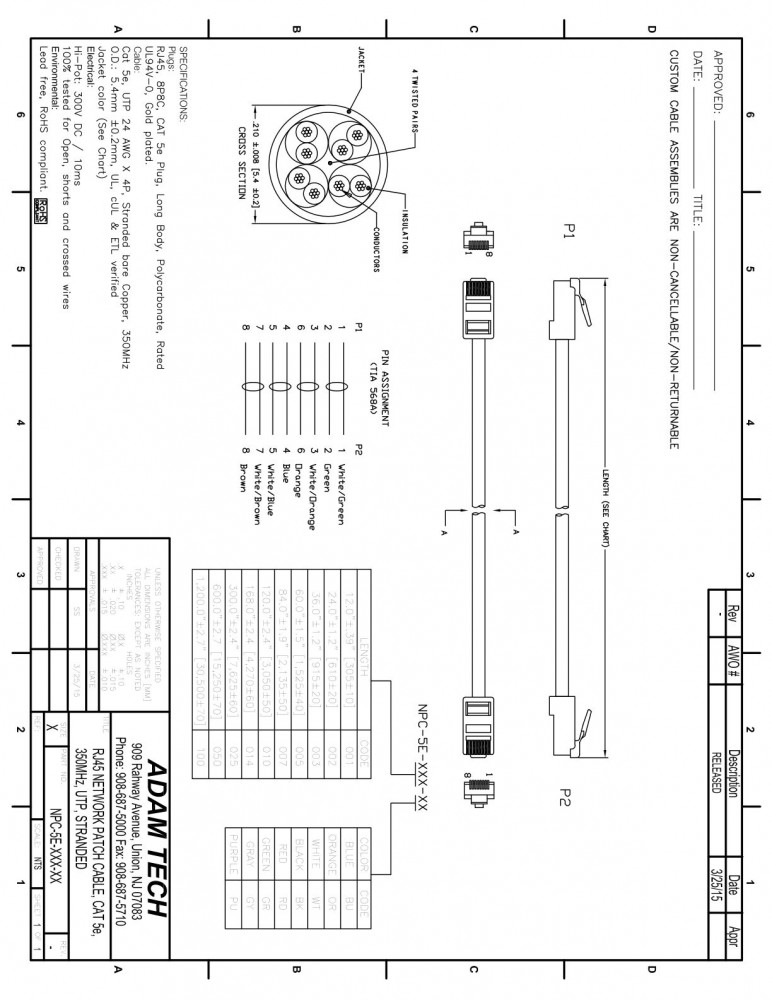 ADAM TECH RJ45 Cat 5e UTP patch cable product drawing