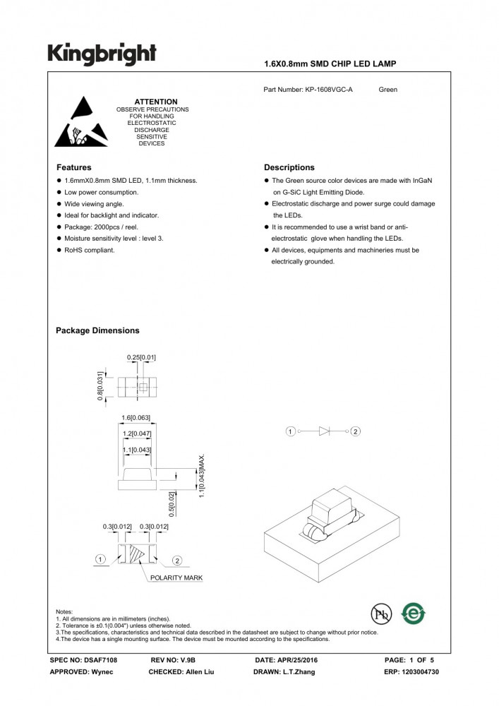 KP-1608VGC-A datasheet page 1