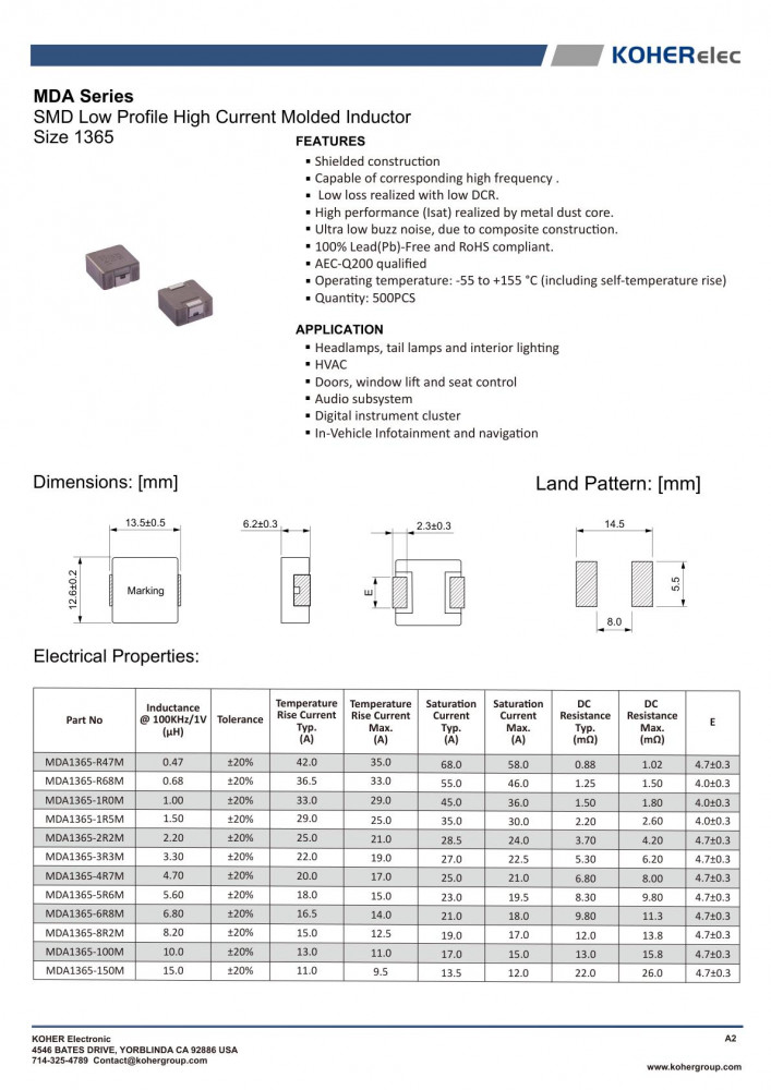 MDA1365 series product features and dimensions