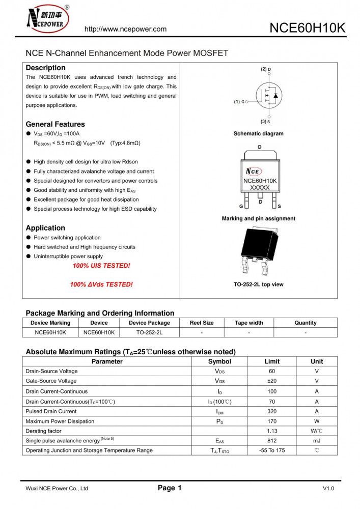 NCE60H10K datasheet page 1