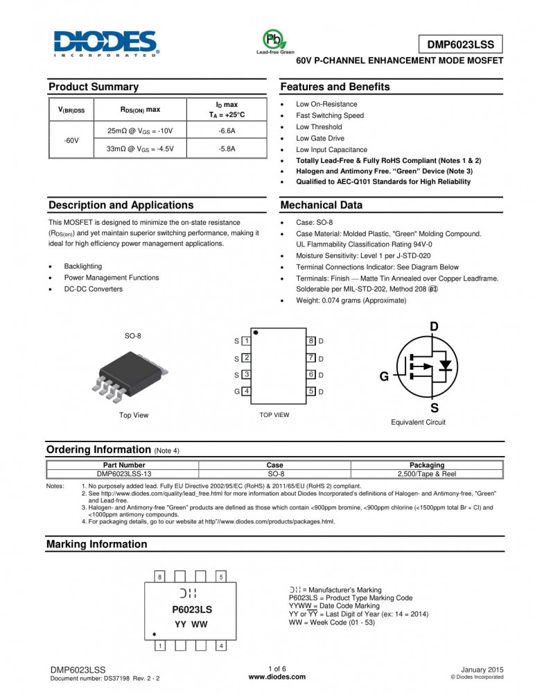 DMP6023LSS-13 datasheet page 1