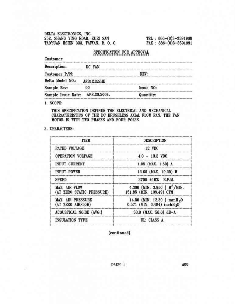 AFB1212SHE specification page 1