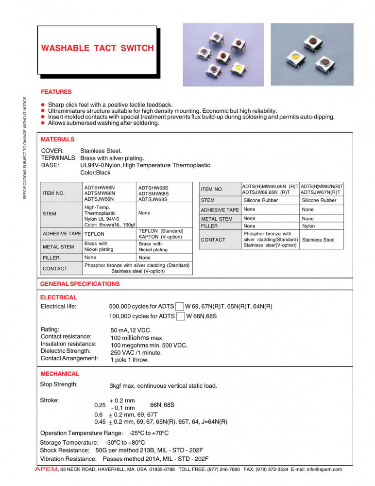 APEM ADTSMW67NV datasheet page 1