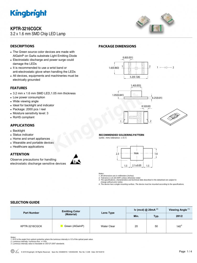 KPTR-3216CGCK datasheet page 1
