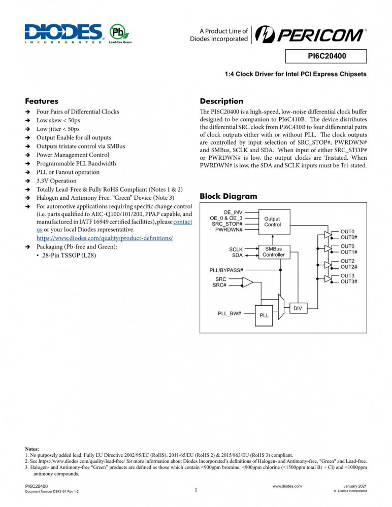 PI6C20400 datasheet page 1