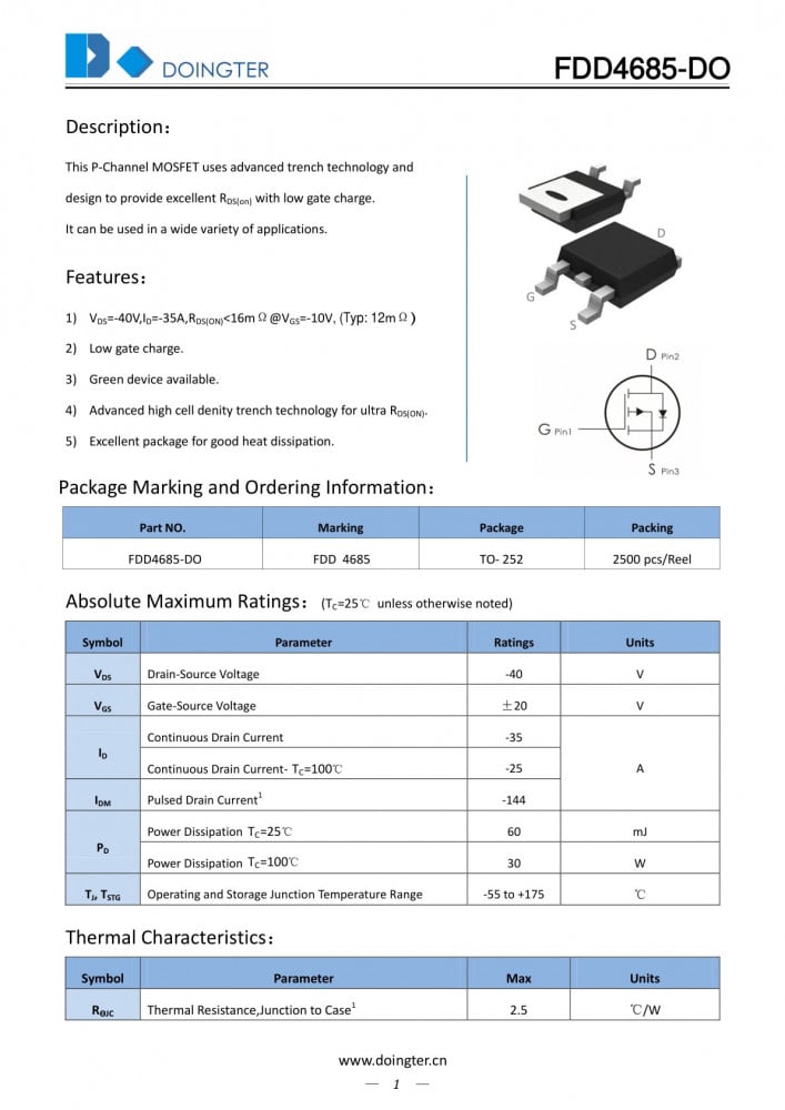 FDD4685-DO datasheet page 1