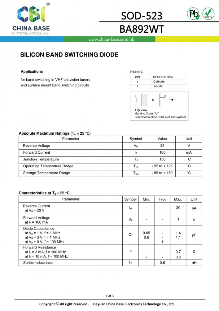 BA892WT technical datasheet page 1