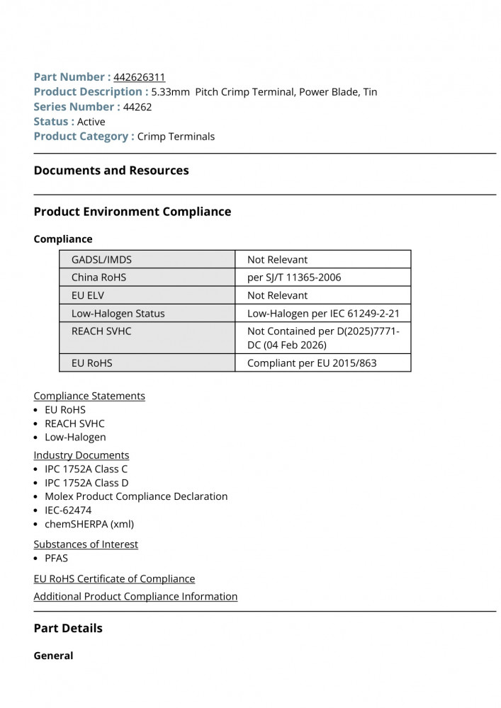 MOLEX 442626311 technical document image, page 1