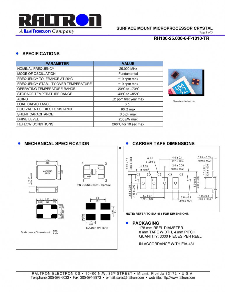 Raltron RH100-25.000-6-F-1010-TR datasheet page 1