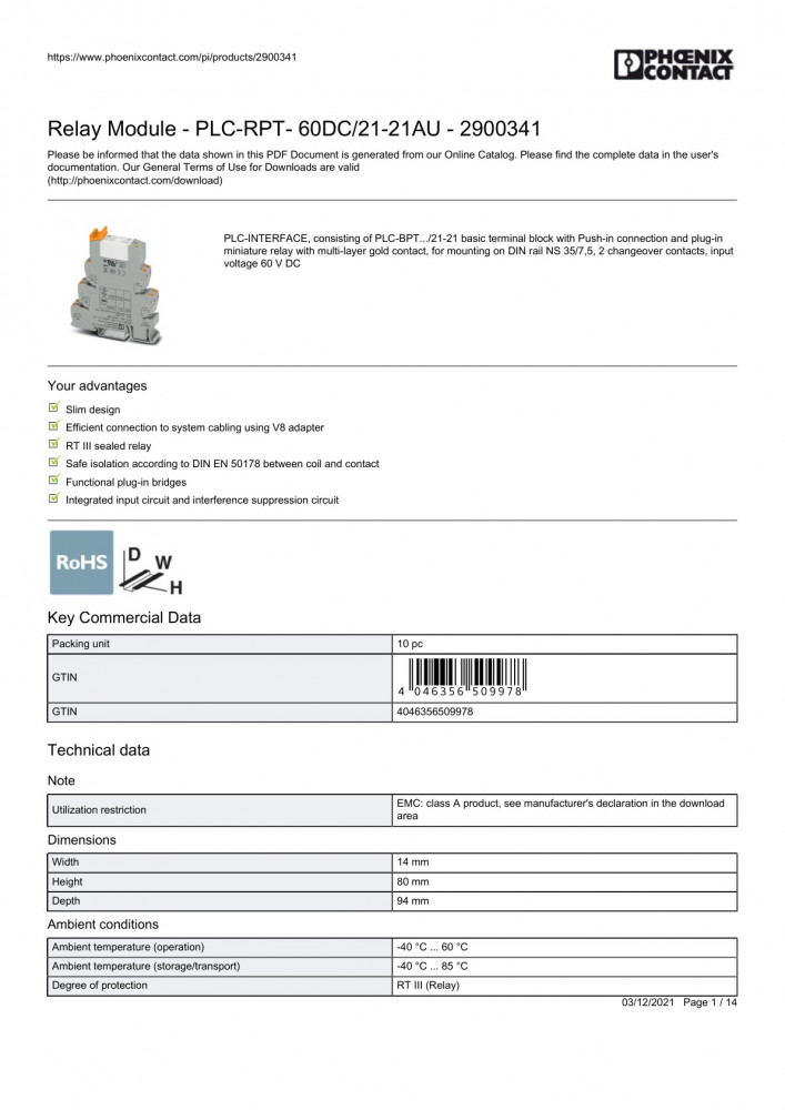 Phoenix Contact 2900341 technical document page 1