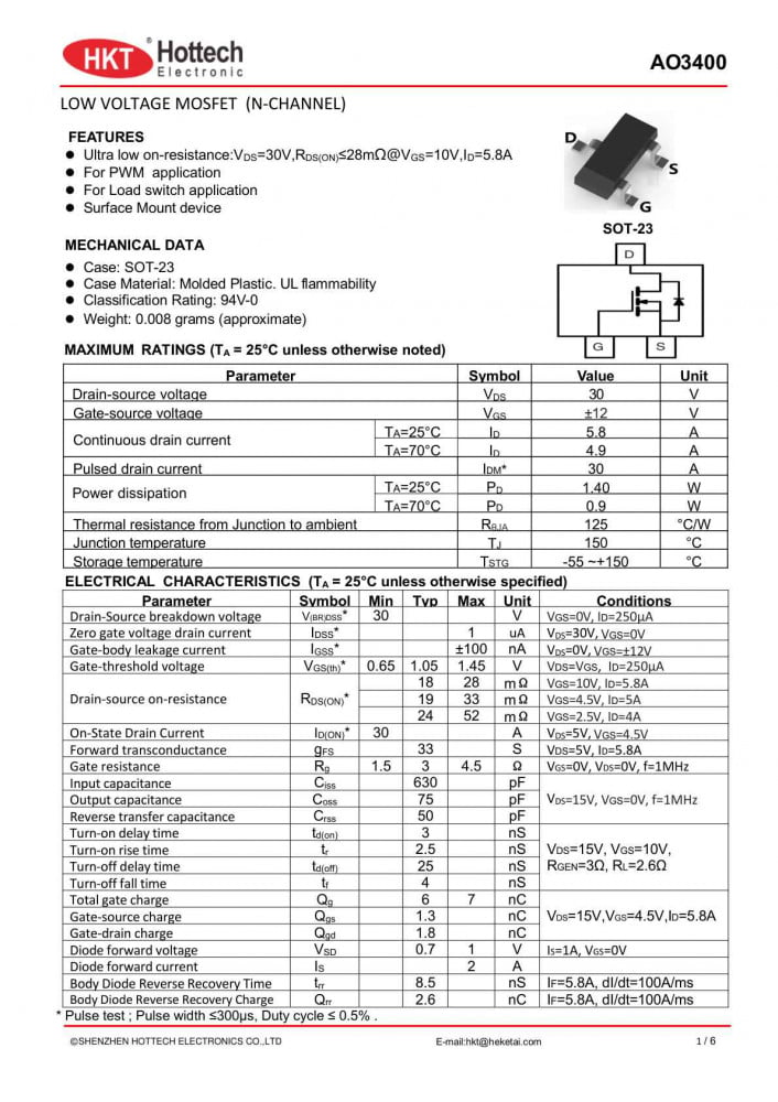 AO3400 datasheet page 1