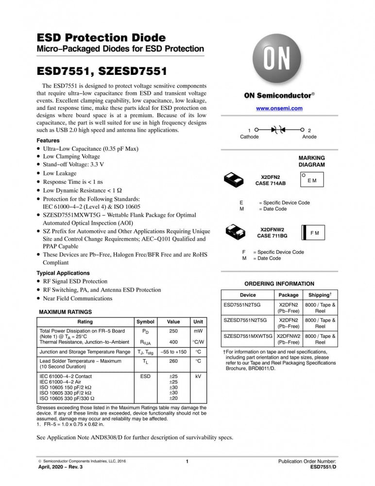 SZESD7551MXWT5G datasheet page 1