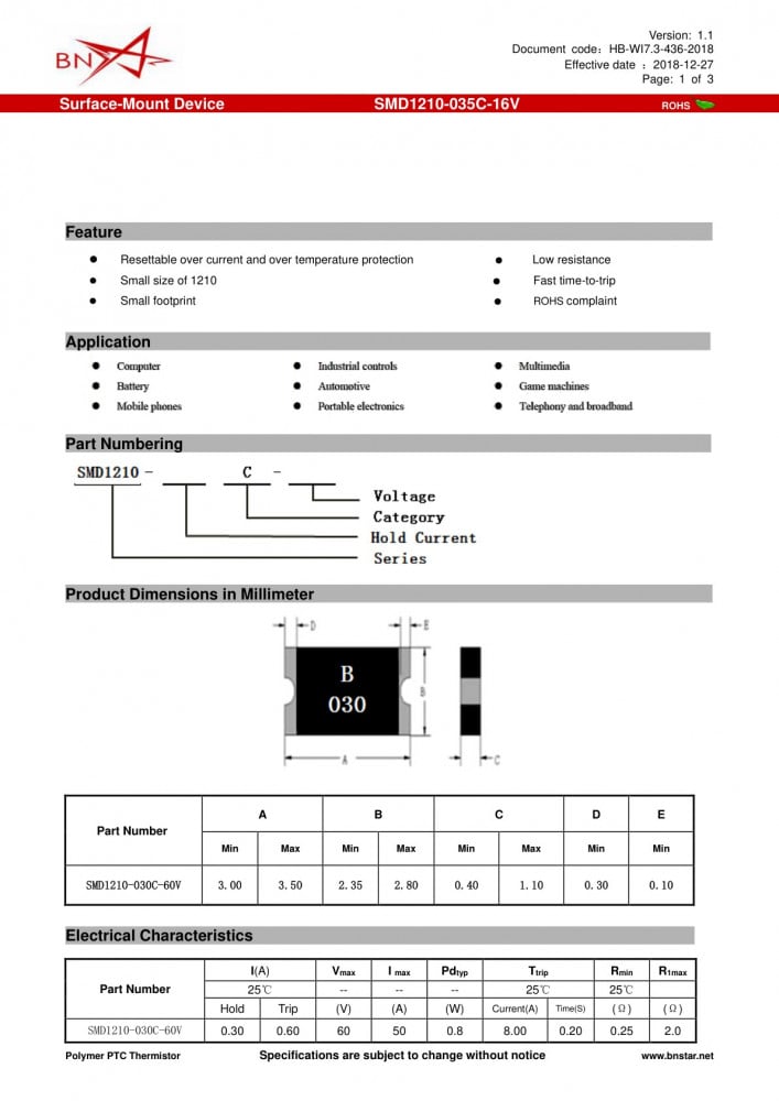 BNstar SMD1210-030C-60V datasheet page 1
