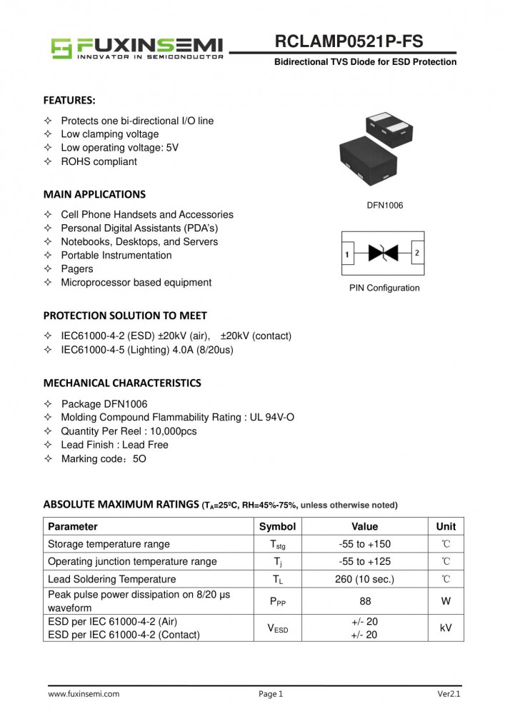 RCLAMP0521P-FS datasheet page 1