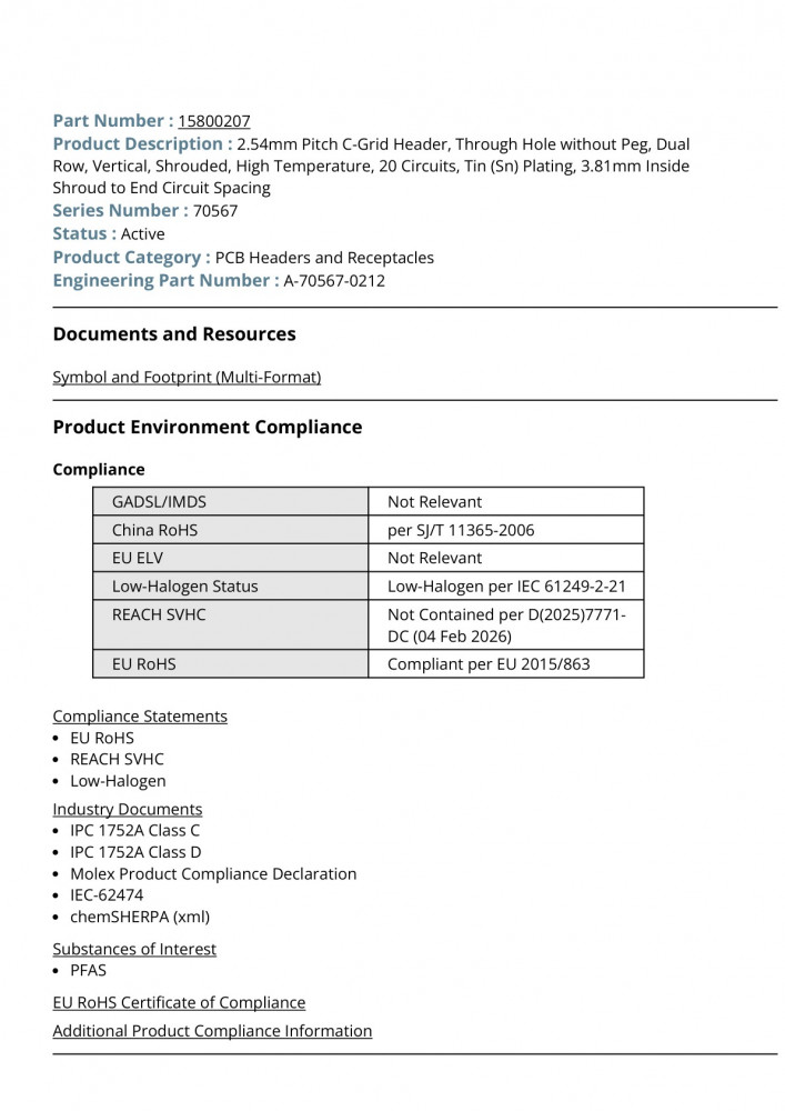 MOLEX 15800207 document preview, page 1