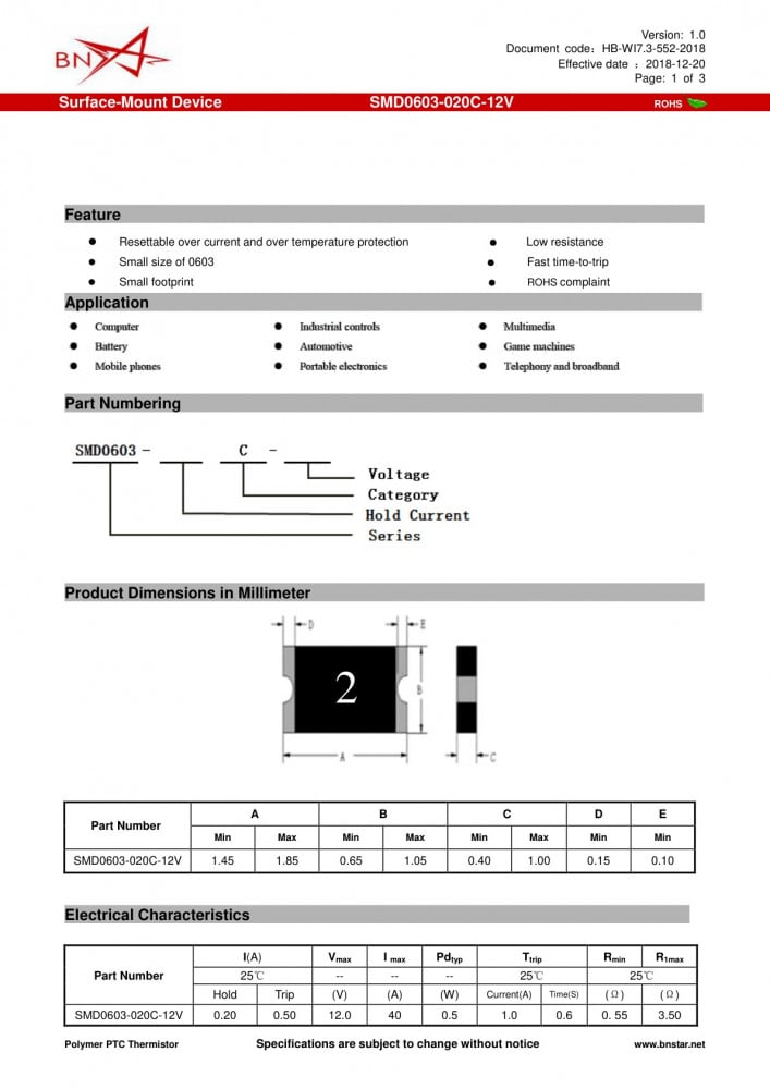 BNstar SMD0603-020C-12V datasheet page 1