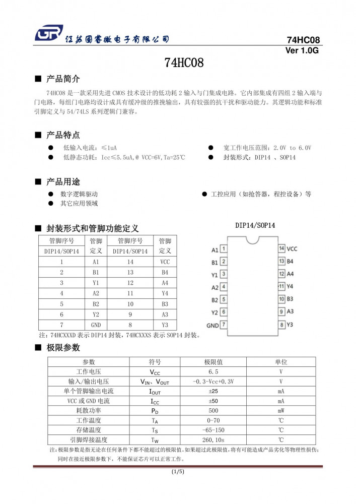 74HC08S technical document page 1