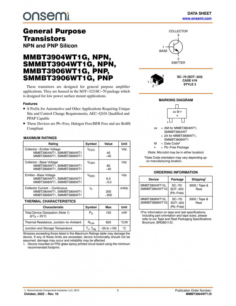 MMBT3904WT1G datasheet page 1