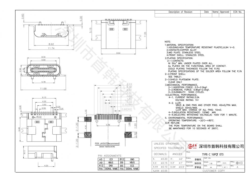 SHOU HAN TYPE-C 16PQT 073 technical drawing page 1