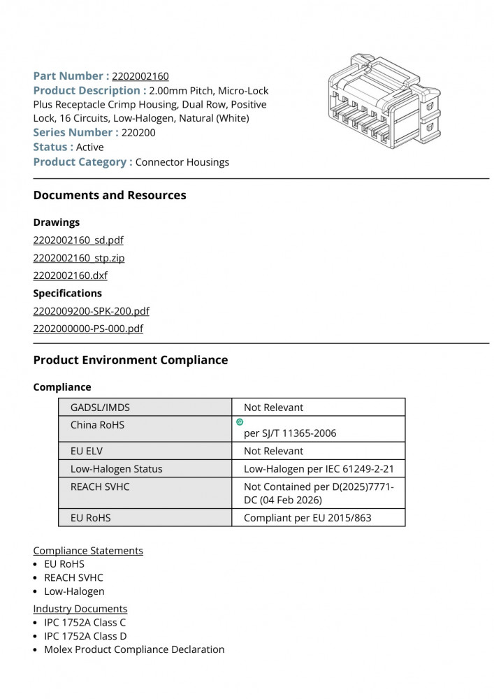 Technical document preview 1 for MOLEX 2202002160