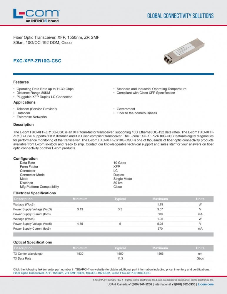 FXC-XFP-ZR10G-CSC technical document page 1