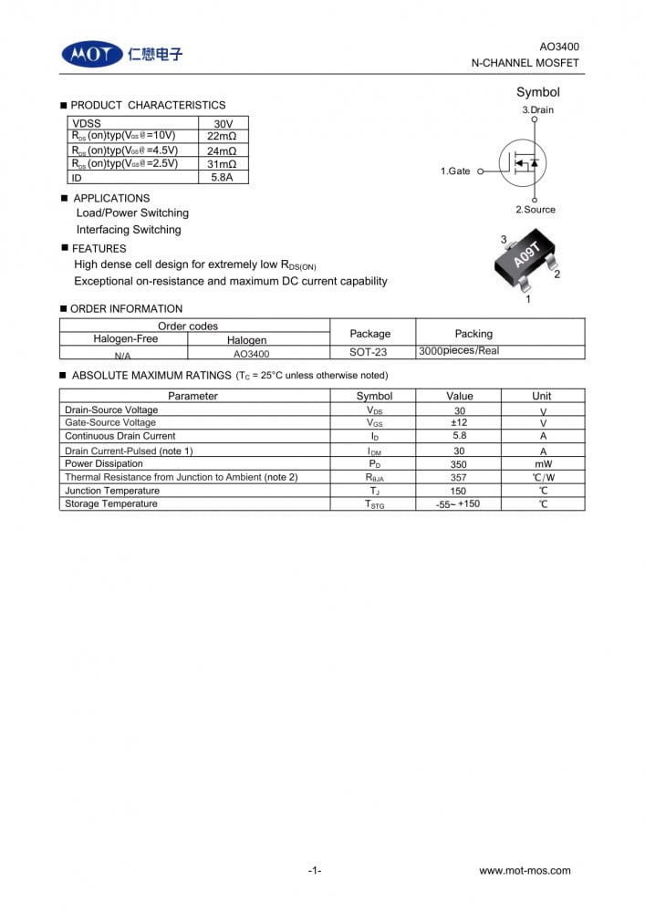 AO3400 datasheet page 1