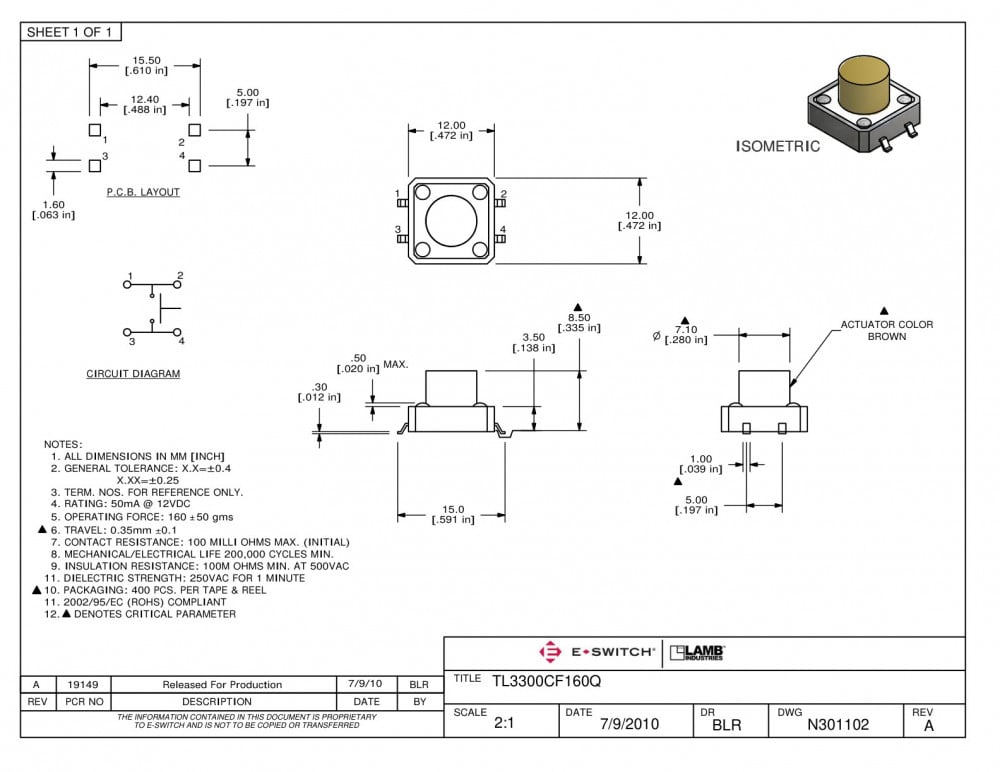 E-Switch TL3300CF160Q technical drawing