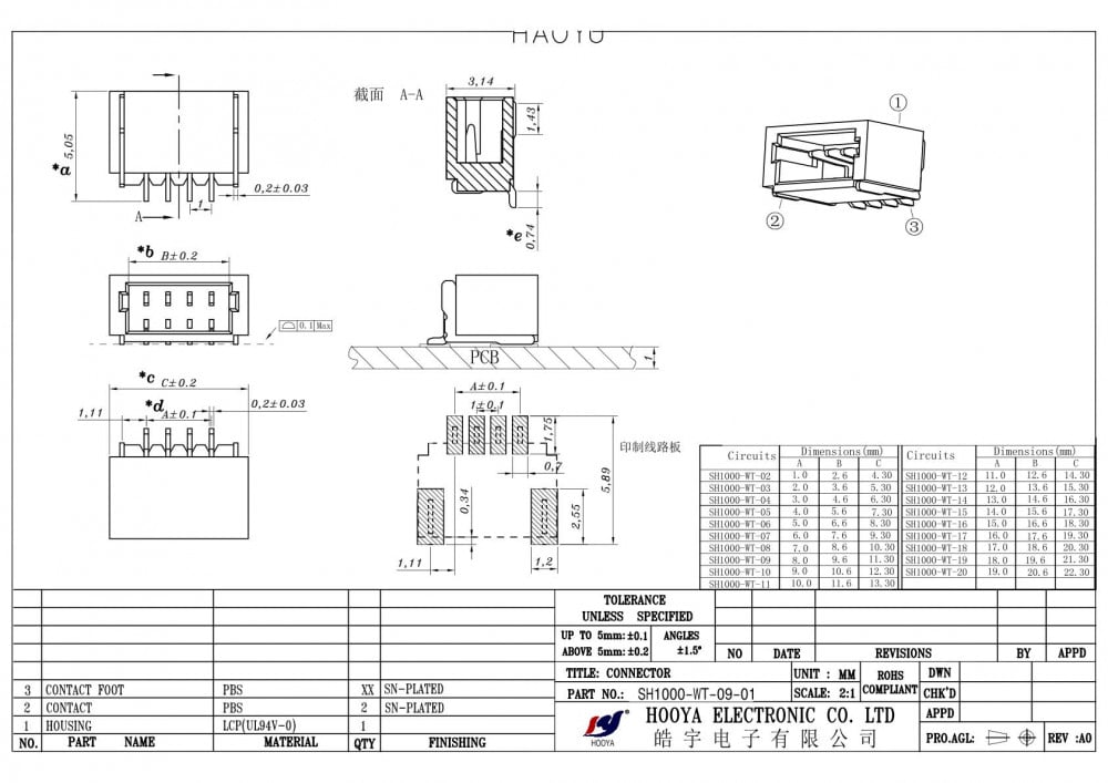 HOOYA SH1000-WT-09-01 connector drawing