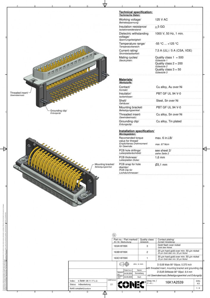 Conec 163A18709X technical drawing page 1