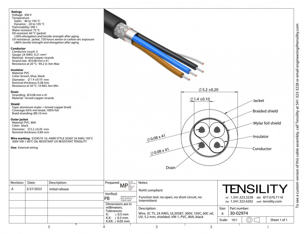 Tensility International 30-02974 cable product drawing