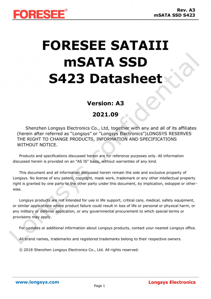 FORESEE S423 datasheet page 1