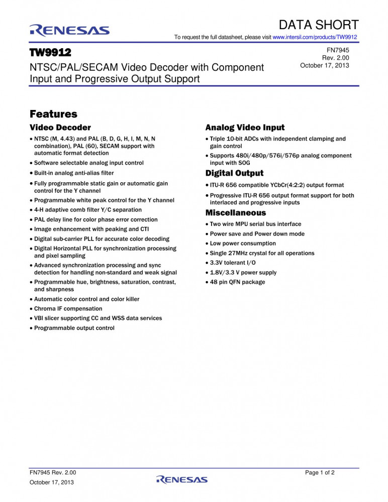 TW9912 datasheet page 1